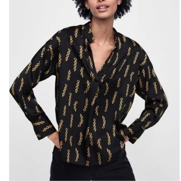 Zara | Tops | Zara Black And Gold Chain Print Button Front Shirt | Poshmark